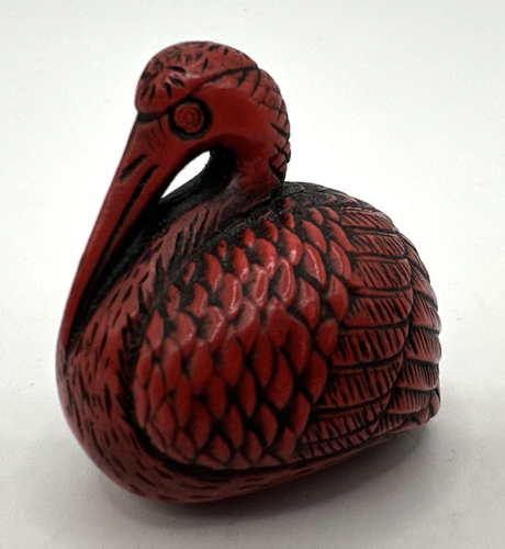 Japanese Netsuke Red Cinnabar Carved Lacquer Crane Stork Bird Vintage ...
