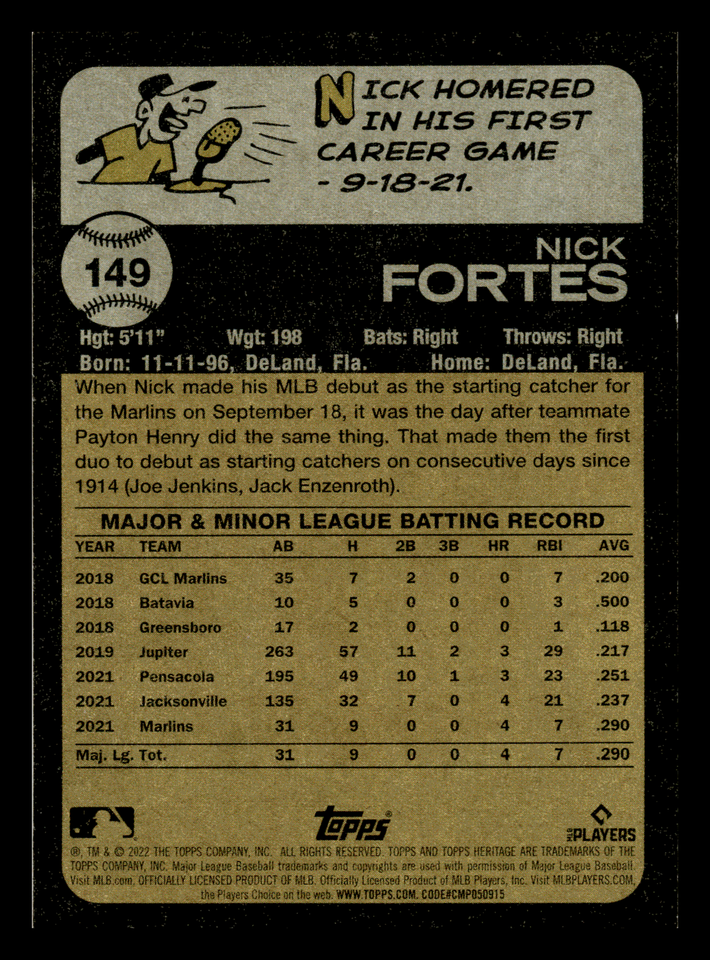 Nick Fortes RC 2022 Topps Heritage #149 Centered Mint Rookie Miami ...