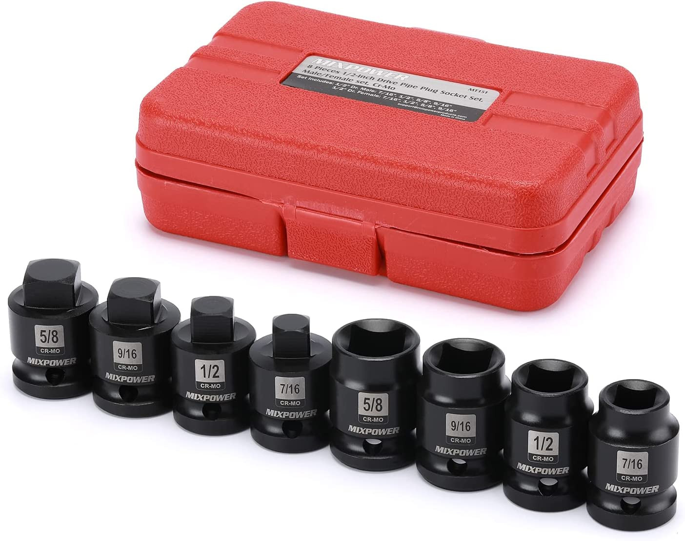 8 Pieces 1/2-inch Drive Pipe Plug Socket Set, SAE, CR-MO, Tapered Male ...