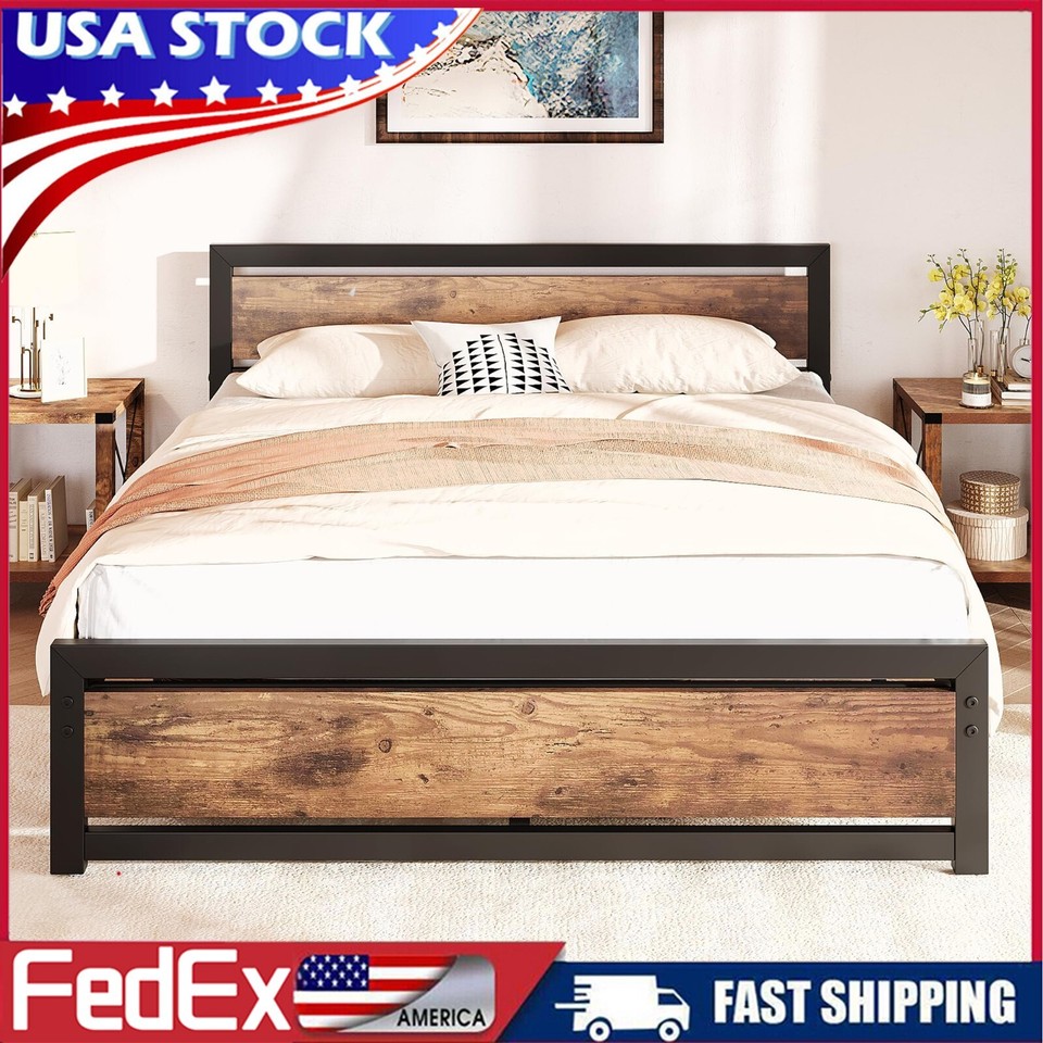 Full Queen King Size Bed Frame with Wooden Headboard Heavy Duty Metal ...