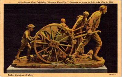 Postcard Bronze Typifying Mormon Hand Cart Pioneers to Salt Lake City ...