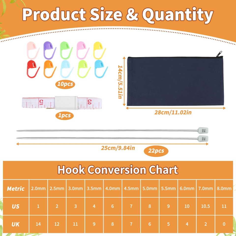 Knitting Needles Set, 25cm Long, 11 Pairs, with Storage 2.0mm-8.0mm ...