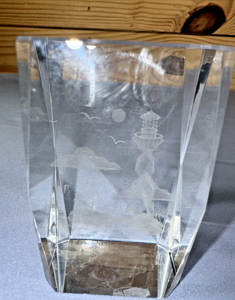 3D Laser Etched Crystal Cube 3.25” Sail Boat Light House Birds ...