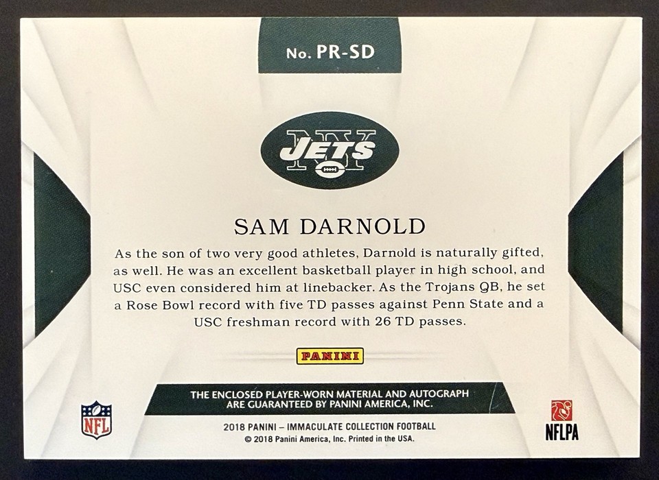 2018 IMMACULATE SAM DARNOLD PREMIUM PATCH ROOKIE AUTOGRAPH RC AUTO /35 ...