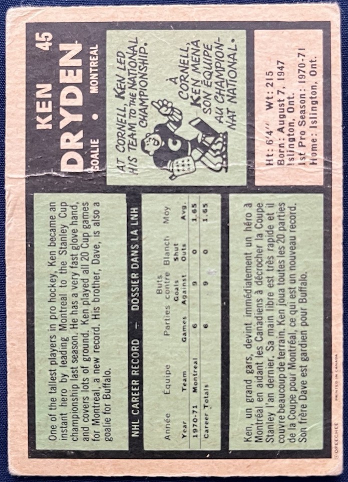 1971 1972 O-Pee-Chee OPC #45 Ken Dryden RC Rookie Card Montreal ...