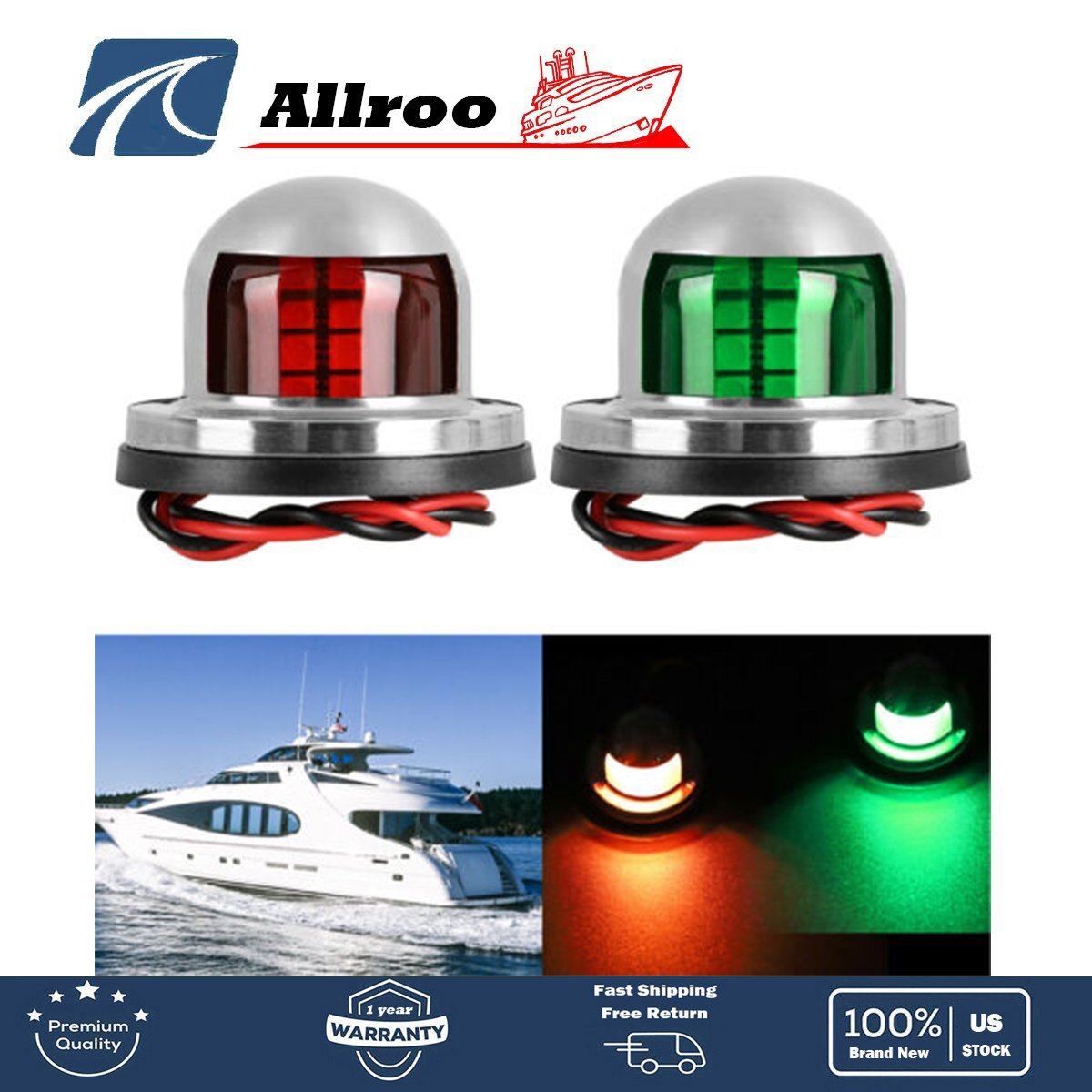 One Pair Marine Boat Yacht Pontoon Stainless Steel LED Bow Navigation ...
