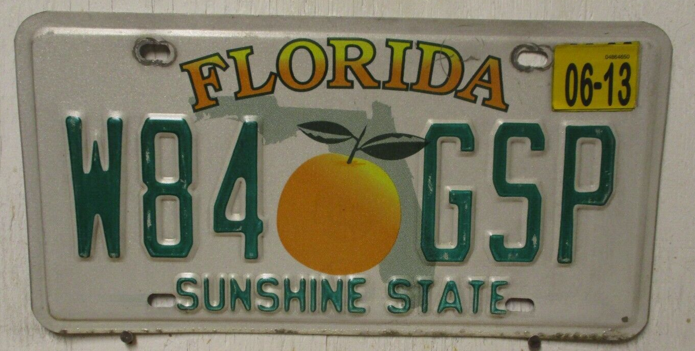 2013 FLORIDA license plate tag W84 GSP orange SUNSHINE STATE light ...