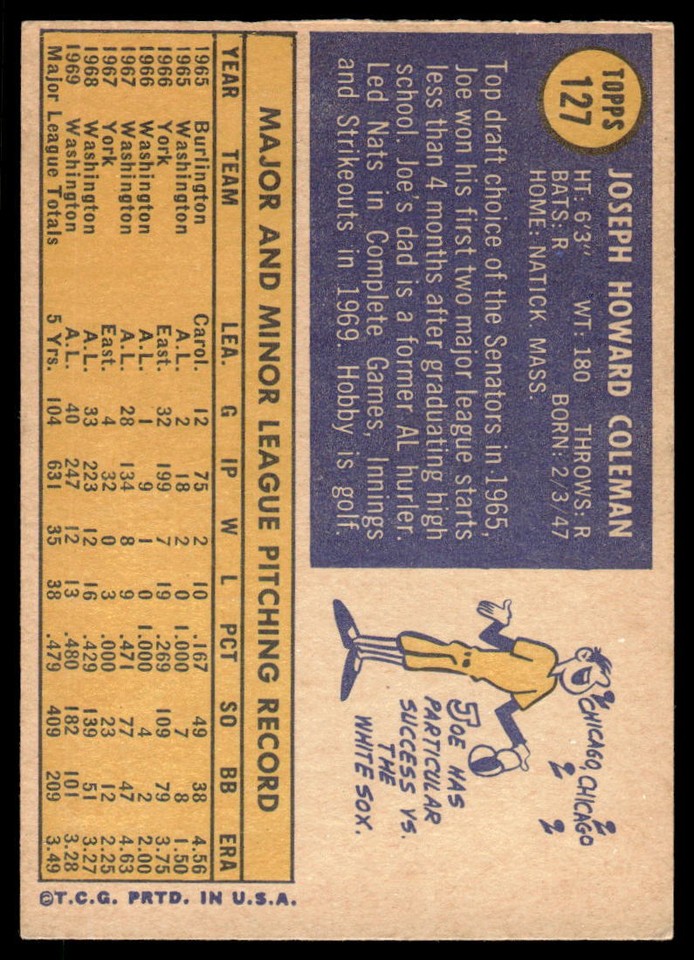1970 Topps Joe Coleman #127 Washington Senators Baseball Card | eBay