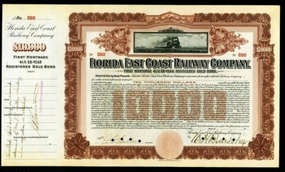 1911 Florida East Coast Railroad - $10,000 Bond - RARE Stock ...