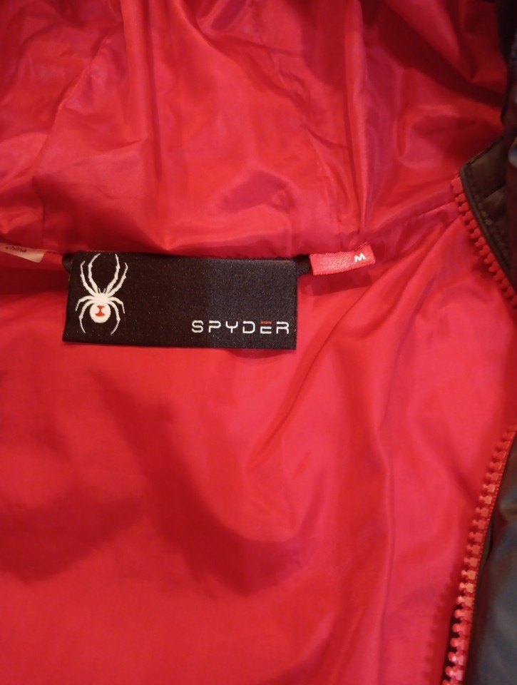 SPYDER Mens M Gray Puffer Jacket / Coat with Hood Red Accents Excellent ...