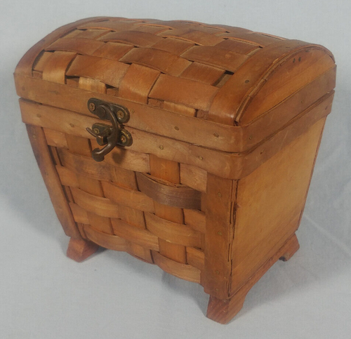 Vintage Wood Wicker Mini Chest Nails w/ Metal Clasp And Leather Straps ...