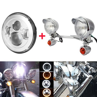7" inch LED Headlight+4.5" Passing Lights Bar For Kawasaki VN Vulcan ...