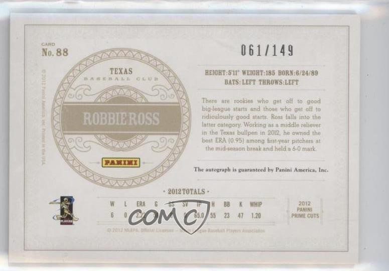 2012 Playoff Prime Cuts Rookie Signature /149 Robbie Ross #88 Rookie ...
