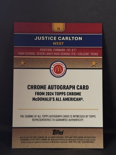 2024 Justice Carlton Topps Chrome McDonald’s True Red Rookie Auto #d ...