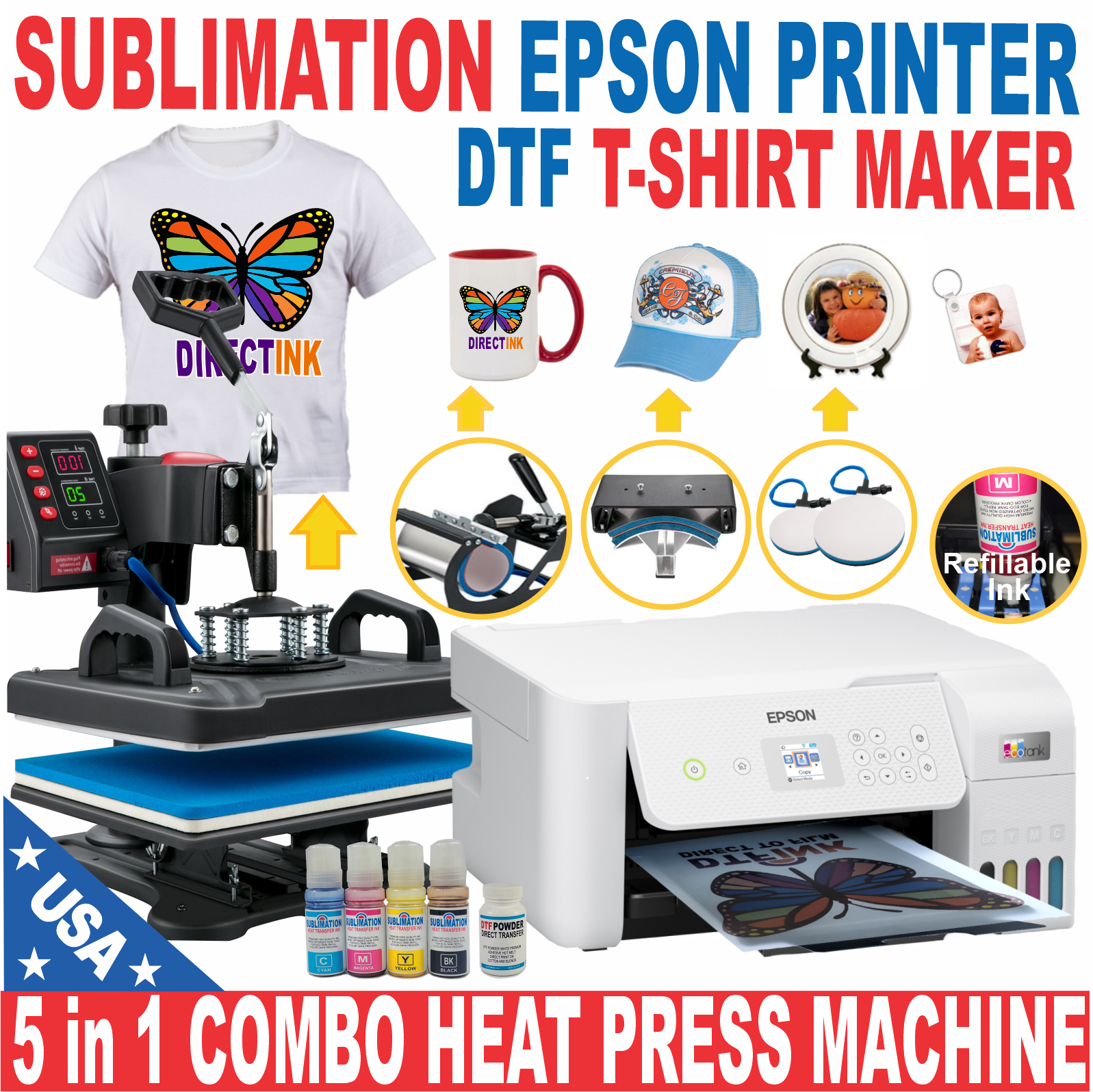 Epson Printer with Sublimation Ink Transfer + Heat Press 5 in 1 Start ...