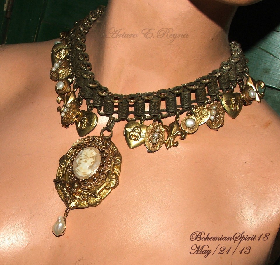 Antique VICTORIAN BOOK CHAIN Charms NECKLACE SHELL CAMEOS,LOCKETS ...