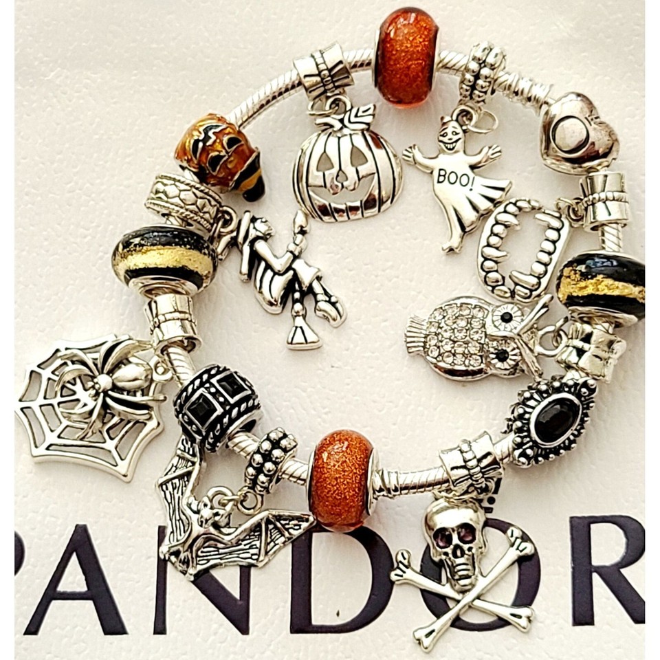 PANDORA GOTHIC HALLOWEEN Charm Bracelet .925 Sterling Silver Bat Skull ...