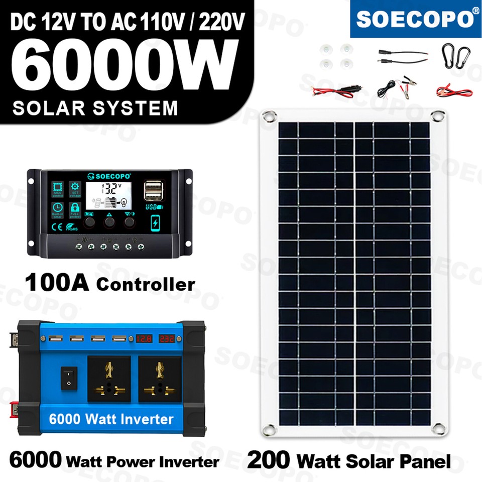6000W Complete Solar Panel Kit Solar Power Generator 100A Home 220V ...