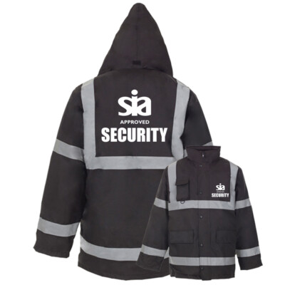 Printed Black SIA SECURITY Hi Vis Viz Parka Jacket Reflective Work Coat ...