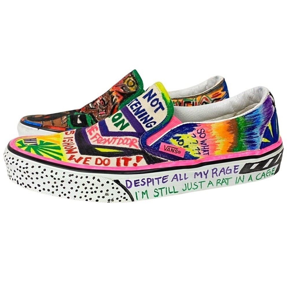VANS Sneakers Custom Hand Drawn Graffiti Slide On Shoes Women 7.5 Men 6 ...
