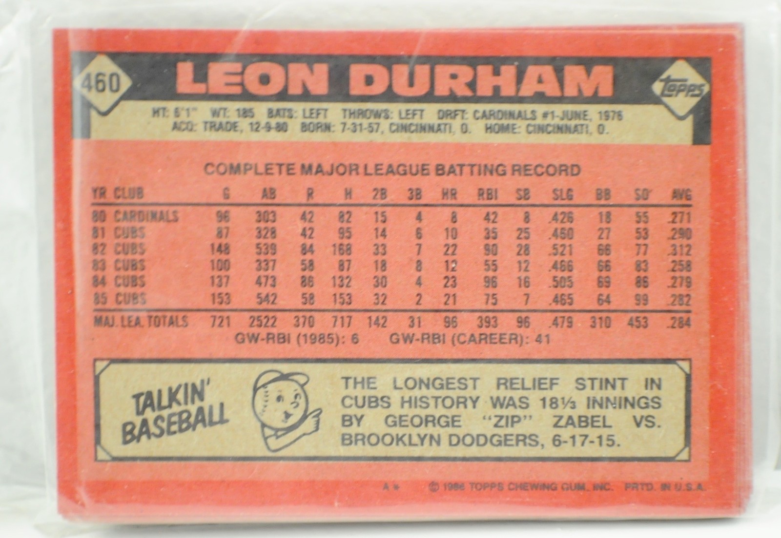 1986 Cubs Topps Leon Durham Baseball Cards 25 Pk.!! | eBay