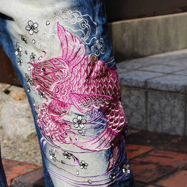 Mens Jeans Japanese Pattern Embroidery Straight Pants Denim Totem Carp ...