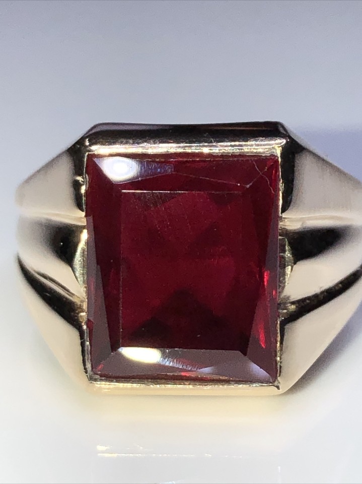 Men's 14k Solid Yellow Gold Signet Ring With Lab Created Ruby Center ...