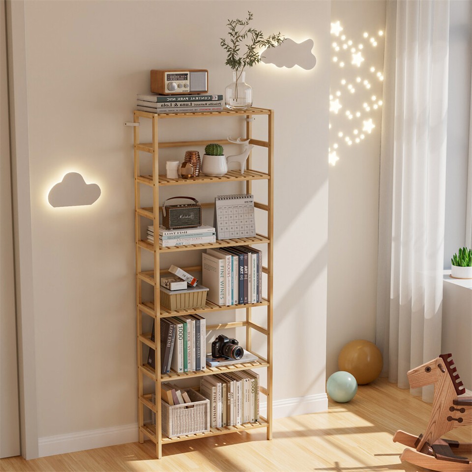 6-Tier Tall Storage Shelf Free Standing Bamboo Bookshelf Adjustable ...