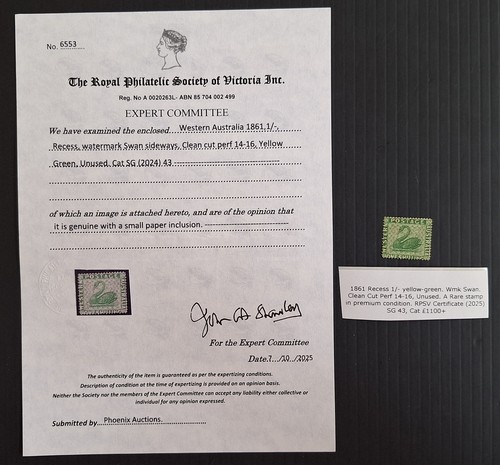 1861 Western Australia 1/- Yellow Grn Swan stamp Clean Cut perf 14-16 ...