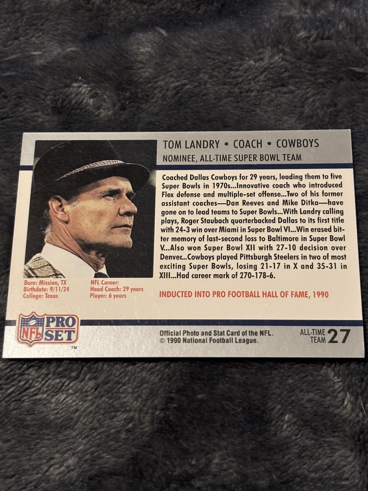 1990-91 Pro Set Super Bowl 160 #27 Tom Landry Coach Dallas Cowboys SB ...
