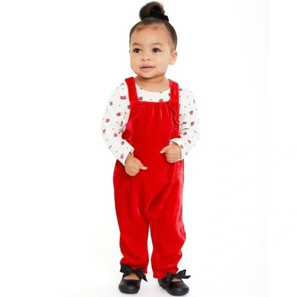 NWT Wonder Nation Baby Girl 0-3 M Red Velour Holiday Overalls & Bodysuit 2pc Set | eBay