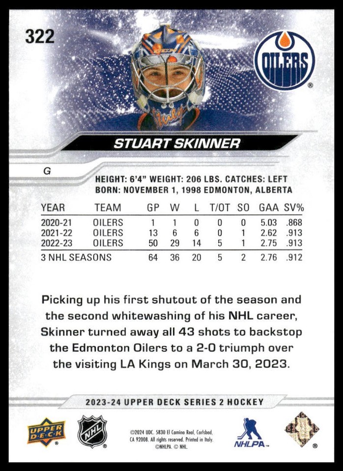 2023-24 Upper Deck #322 Stuart Skinner Edmonton Oilers Hockey | eBay