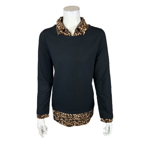 Isaac Mizrahi Women's French Terry & Woven Leopard Layered Top Black ...