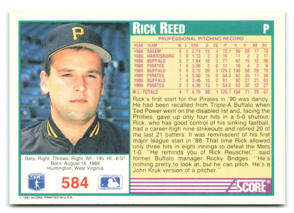 1991 Score Rick Reed #584 Pittsburgh Pirates BASEBALL Card | eBay