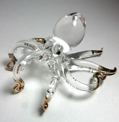 Octopus hand blown clear art glass figurine gold trim 2.5 inch Gift ...