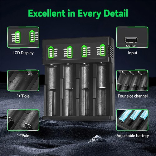 4 Slots Smart Battery Charger LED Display for 3.7V Rechargeable 18650 ...