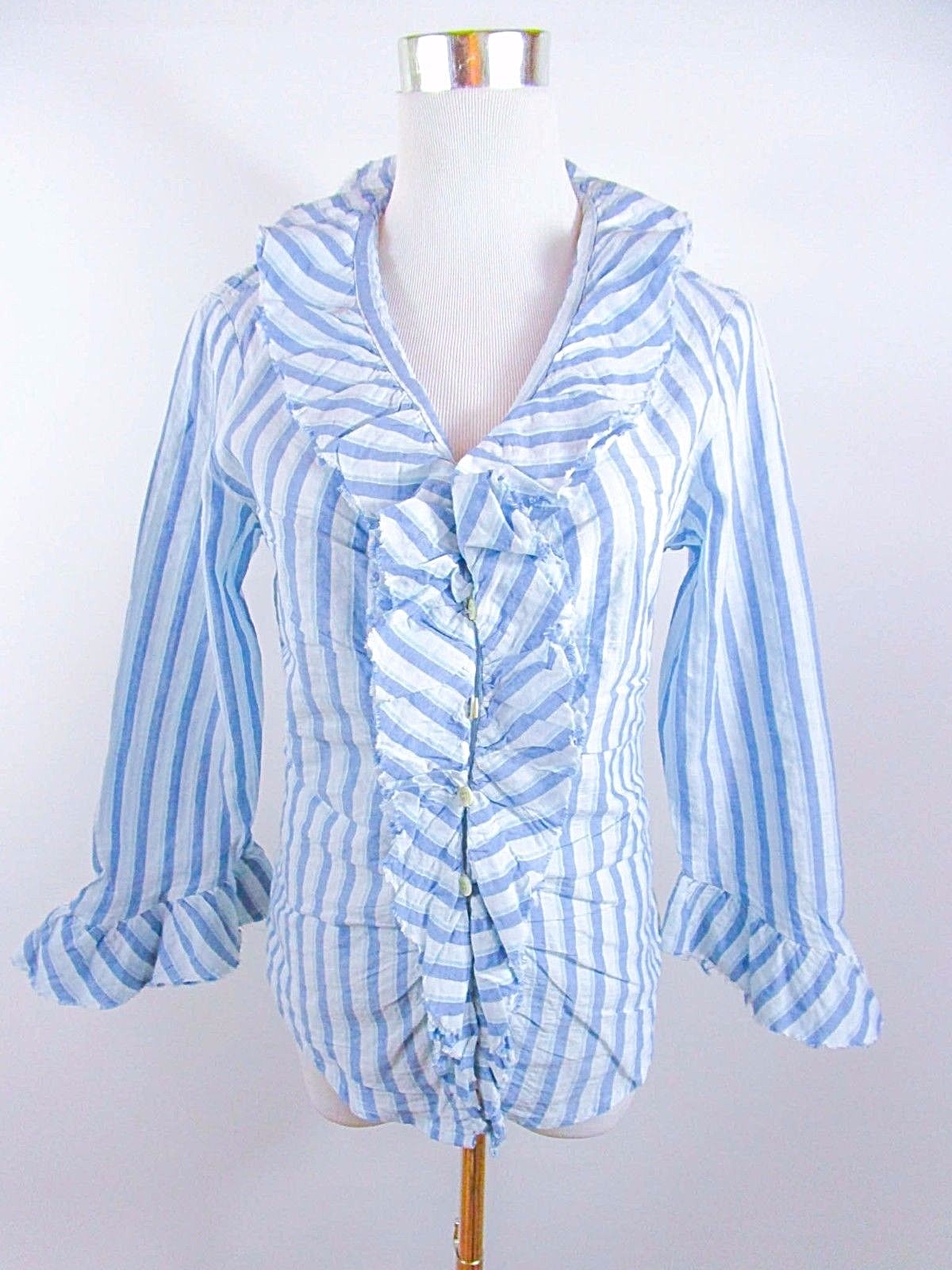 Italian Women's Vtg Retro Cotton Casual Striped Ruffle Frill Blouse sz ...