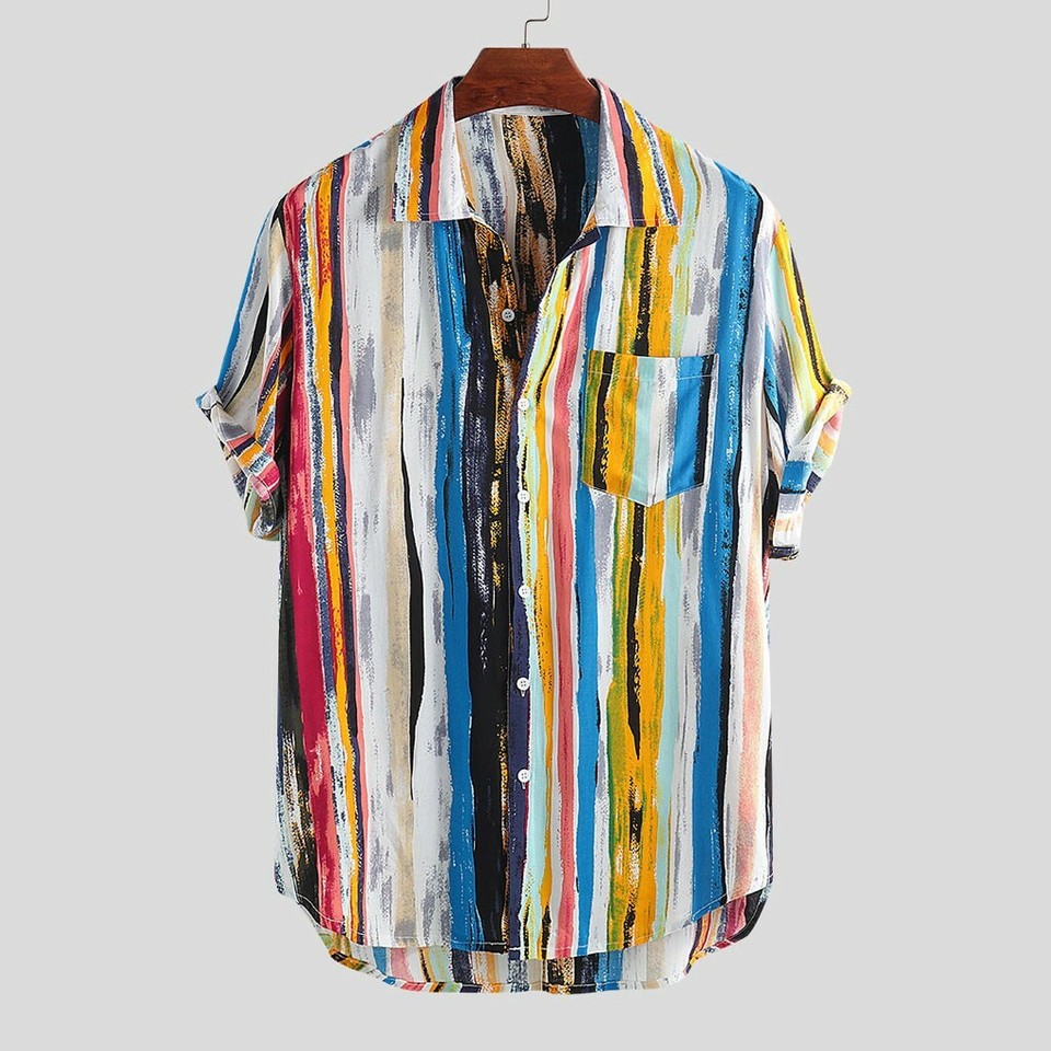 Men Multicolor Striped Lump Chest Pocket Short Sleeve Loose T-Shirt ...