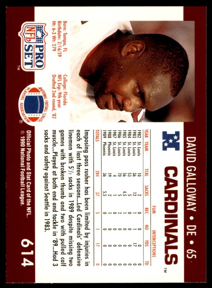 1990 Pro Set David Galloway Phoenix Cardinals #614 | eBay