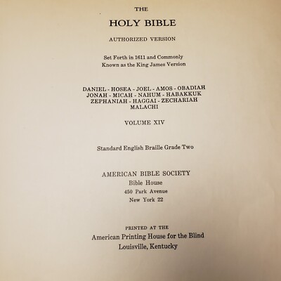 Braille Holy Bible, Authorized Ver, King James Version, Vol XIV, Daniel ...