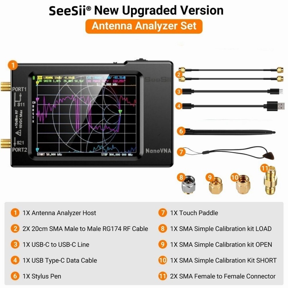 SeeSii NanoVNA H Vector Network Analyzer 10KHz-1.5GHz MF HF VHF Antenna ...