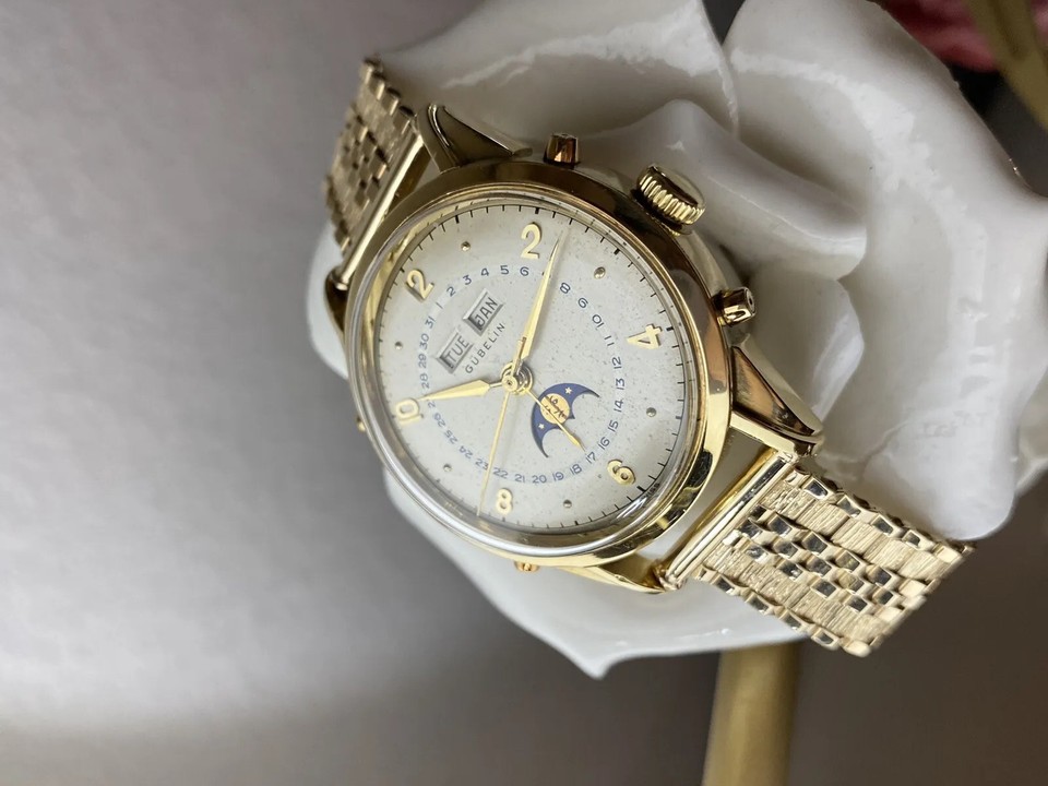 18k GUBELIN Astronomic Tri-Calendar Moonphase Automatic 38MM ca.1958 ...