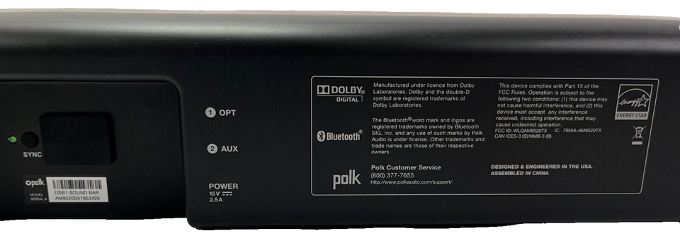 Polk DSB1 Bluetooth Sound Bar w/ Dolby Digital Audio (No Power Chord ...