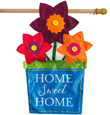 Flower Pot Applique Spring House Flag Home Sweet Home Floral 28" x 40 ...