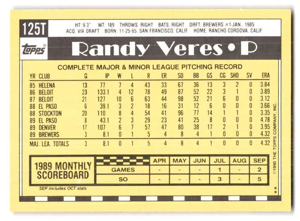 Randy Veres 1990 Topps Traded #125T Milwaukee Brewers BASEBALL | eBay