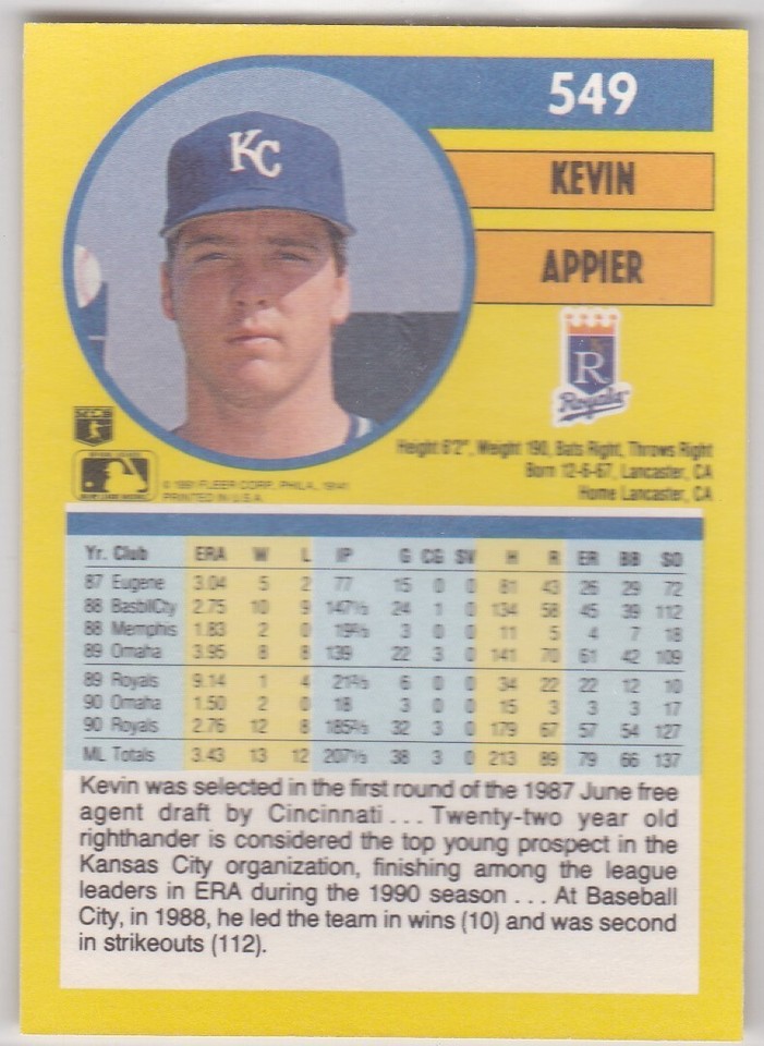 M) 1991 Fleer Baseball Trading Card - Kevin Appier #549 | eBay