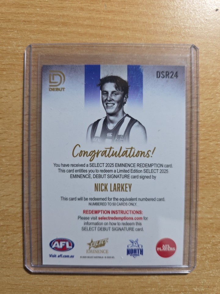2025 AFL Select Eminence Debut Signature Redemption NICK LARKEY #08 LOW ...