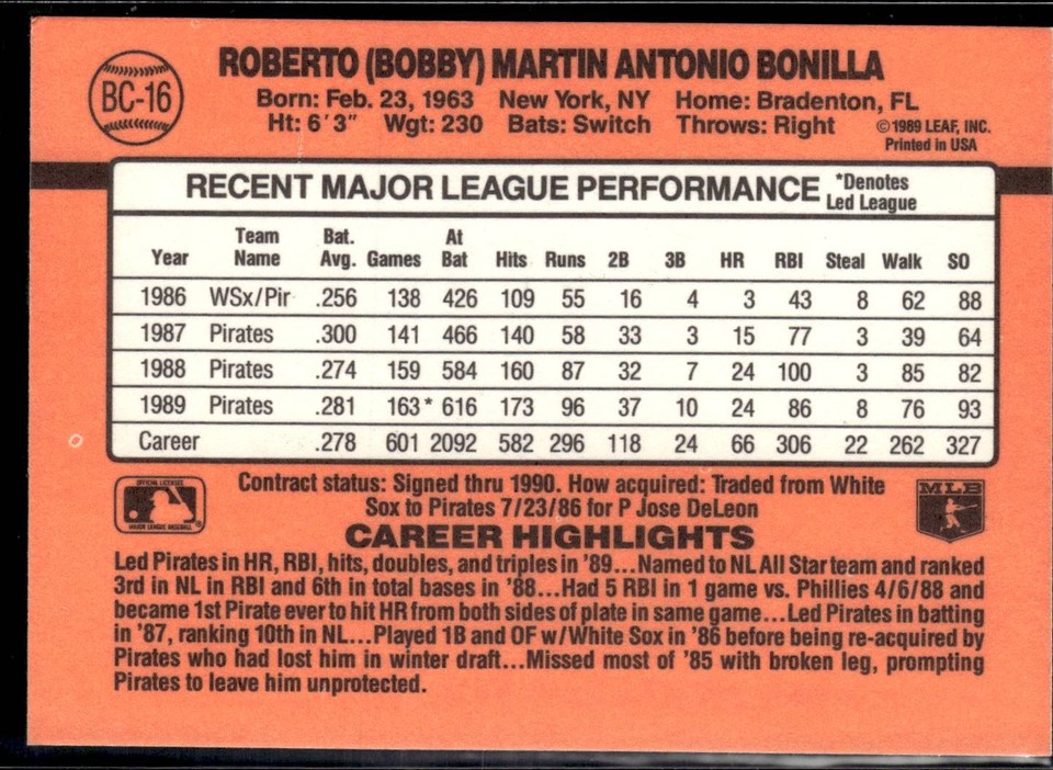 1990 Donruss Bobby Bonilla Pittsburgh Pirates #BC-16 | eBay