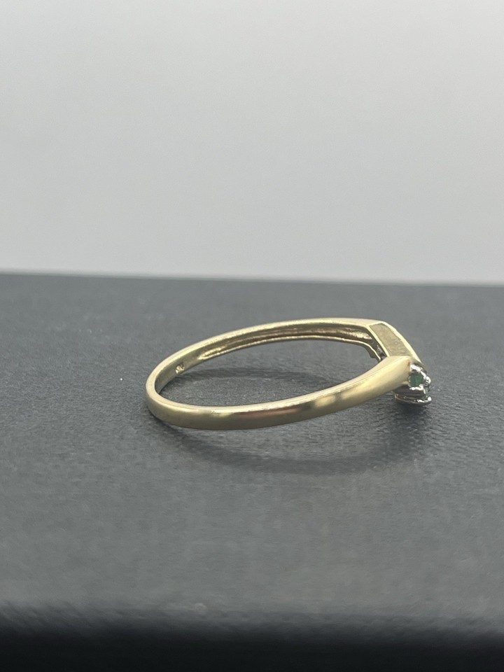 9ct Yellow Gold 0.12ct Emerald & 0.05ct Wishbone Ring, UK Size V, 1.8g ...