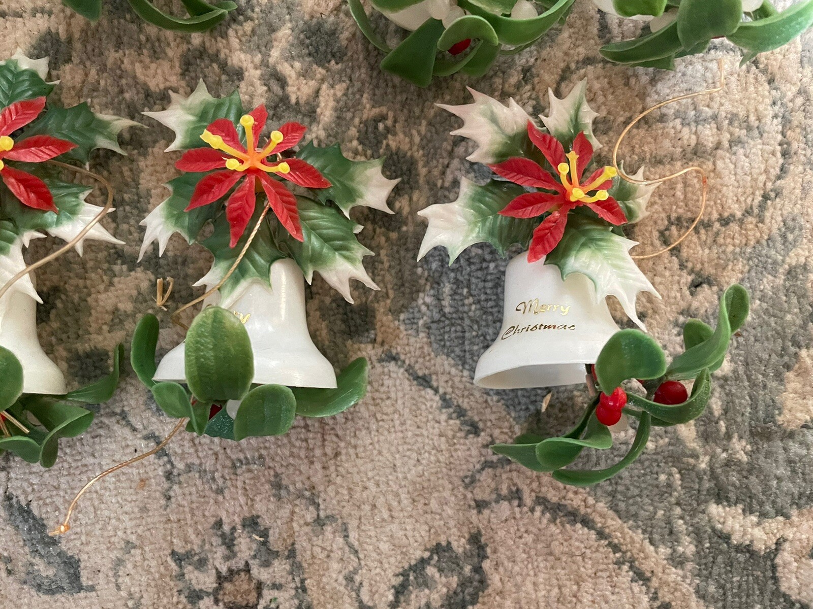 Set 9 Vintage Plastic Christmas Bell Ornament Holly Mistletoe Hong Kong ...